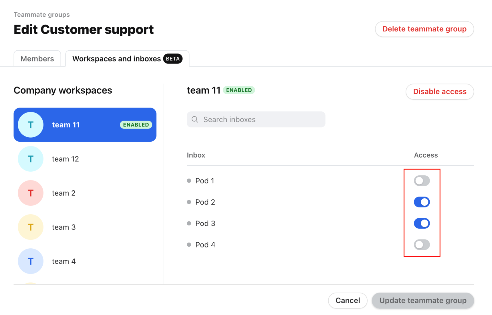 Manage inbox access with Teammate Groups