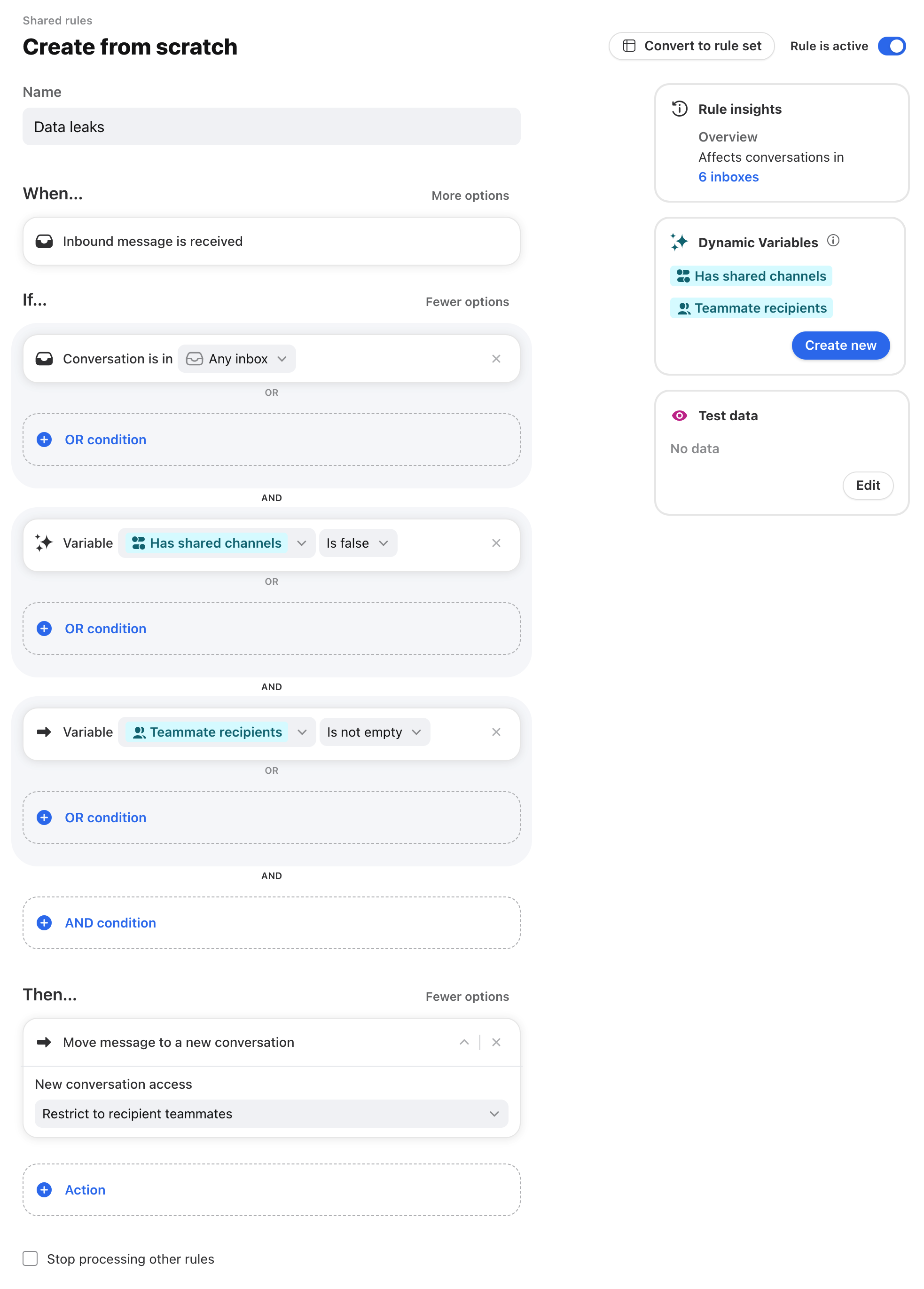 Move messages to new conversations when recipients change using Smart Rules