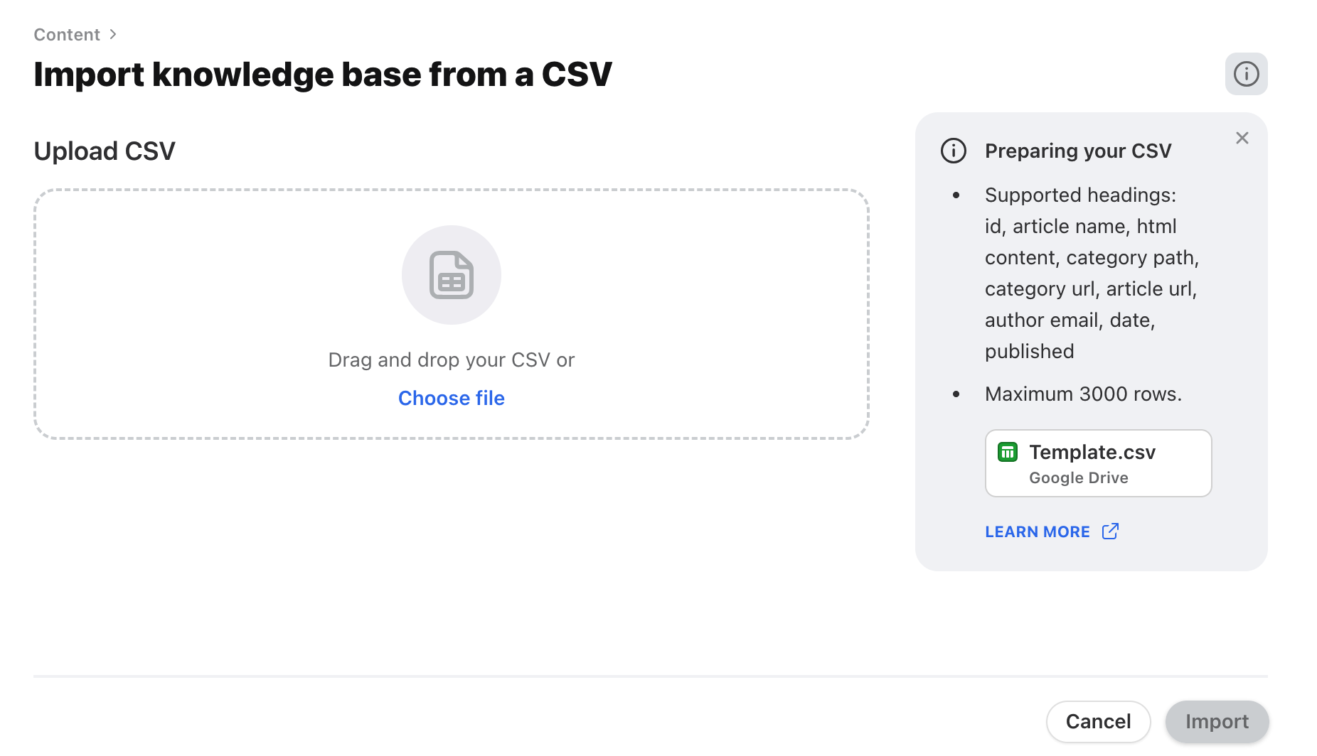 Import knowledge base articles with a CSV
