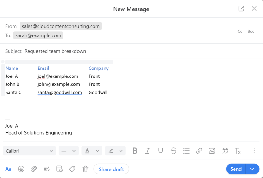 Using tables in emails