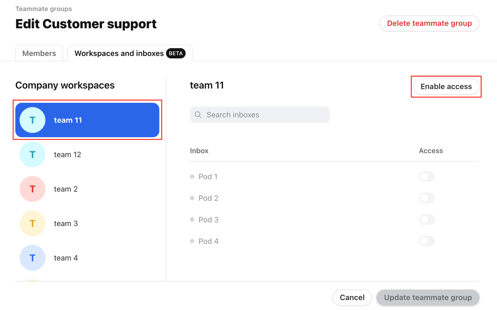 Manage inbox access with Teammate Groups