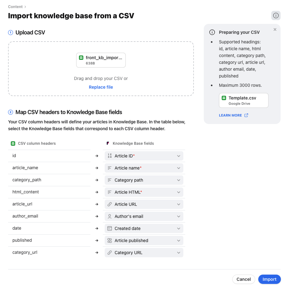 Import knowledge base articles with a CSV